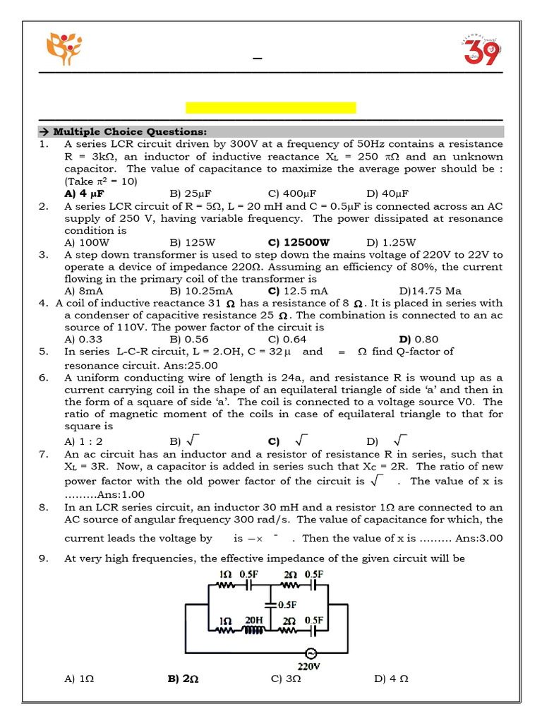 20. AC - Physics - IIT Work Sheet 2024-25 | PDF | Inductor | Electrical Network