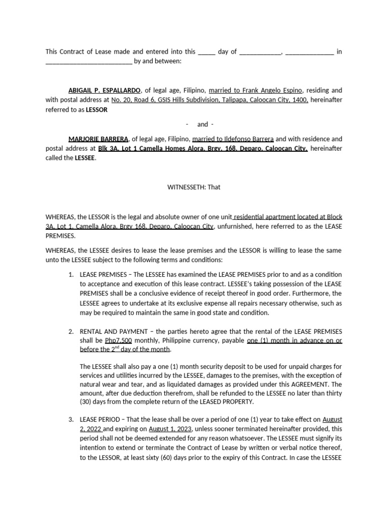 Contract of Lease 2023 Sample | PDF | Lease | Private Law