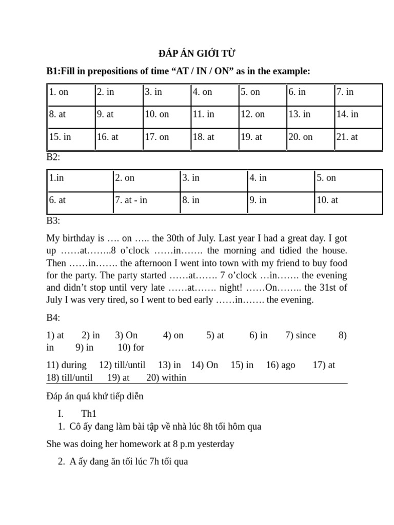 Đáp Án Gi I T B1:Fill in Prepositions of Time "AT / IN / ON" As in The Example | PDF | Harry Potter