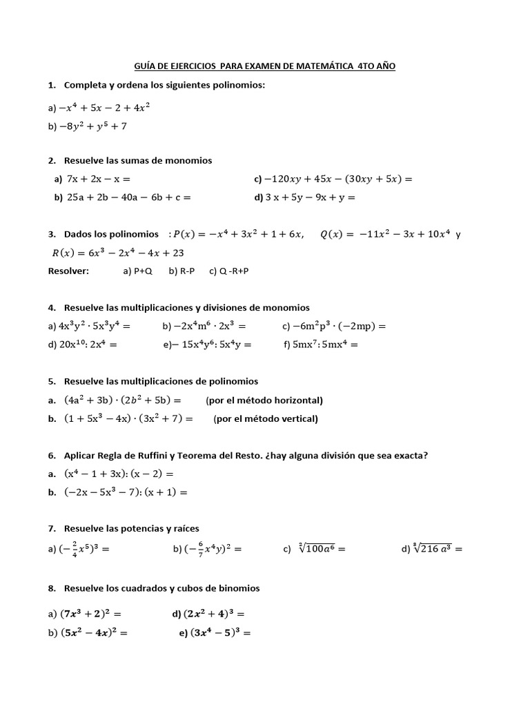 Guia de Ejercicios para Examen 4to | PDF