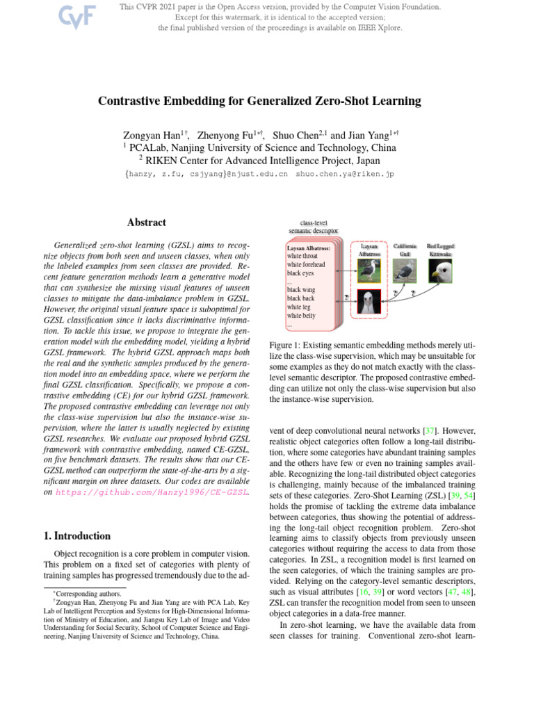 Han et al - Contrastive Embedding for Generalized Zero-Shot Learning | PDF | Semantics | Learning