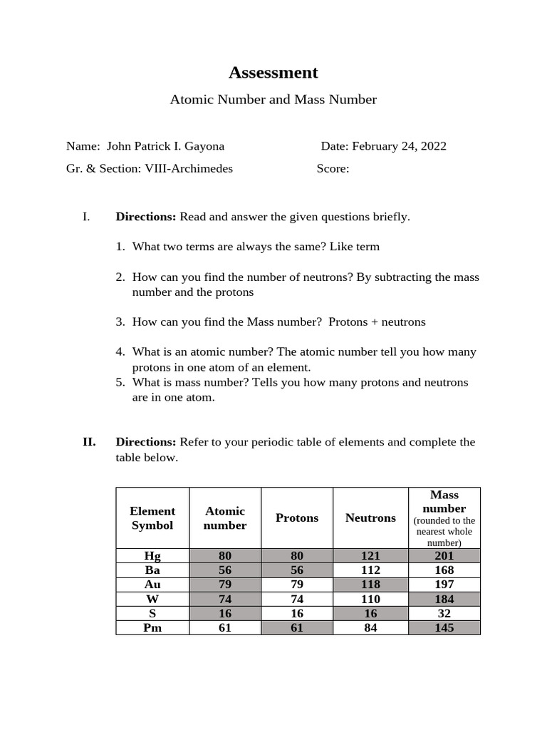 Assessment Atomic Number and Mass Number | PDF