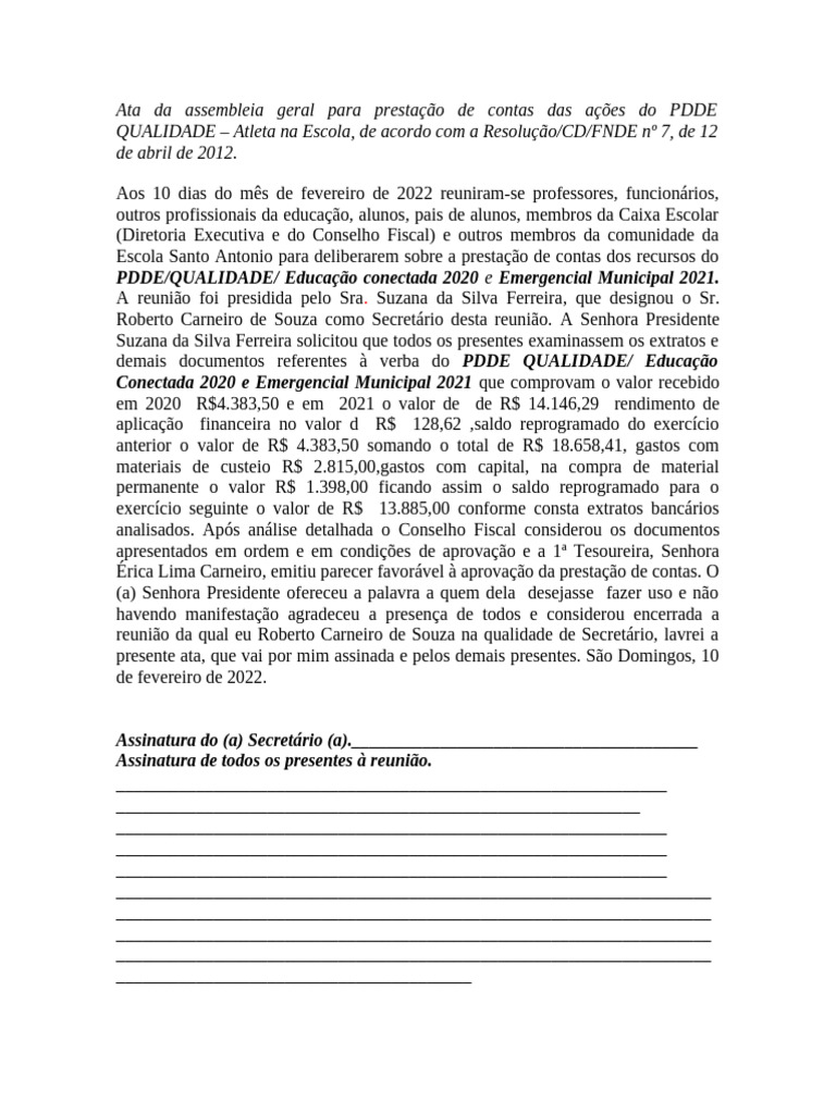 Prestação de Contas do PDDE 2022 | PDF | Conselho de Segurança das ...
