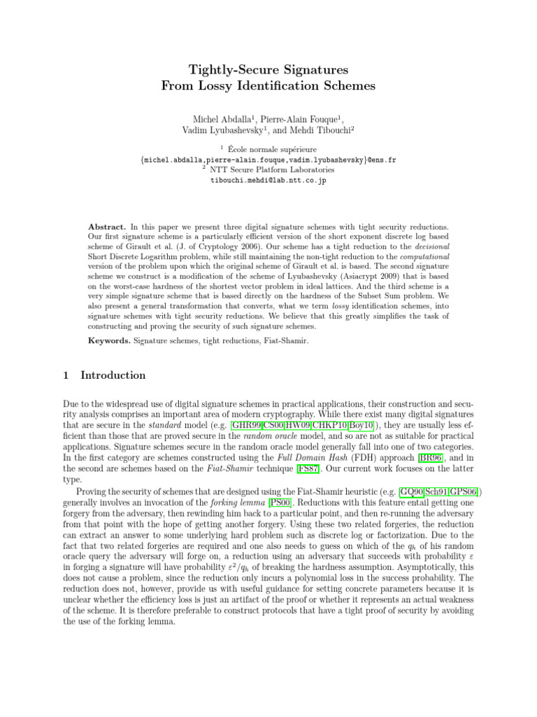 Tightly-Secure Signatures From Lossy Identification Schemes | PDF | Mathematics | Theoretical ...