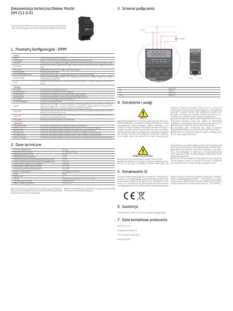 Grenton Dimmer Mosfet DIN 1.1.3-2109 Dokumentacja Techniczna | PDF