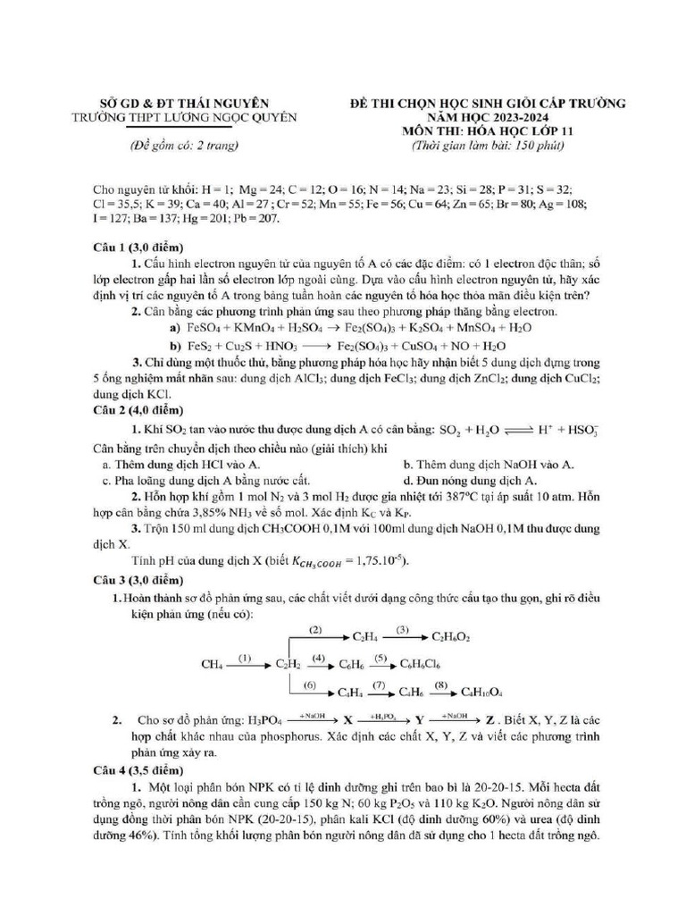 Đề thi HSG Hoá 11 (Thái Nguyên) | PDF