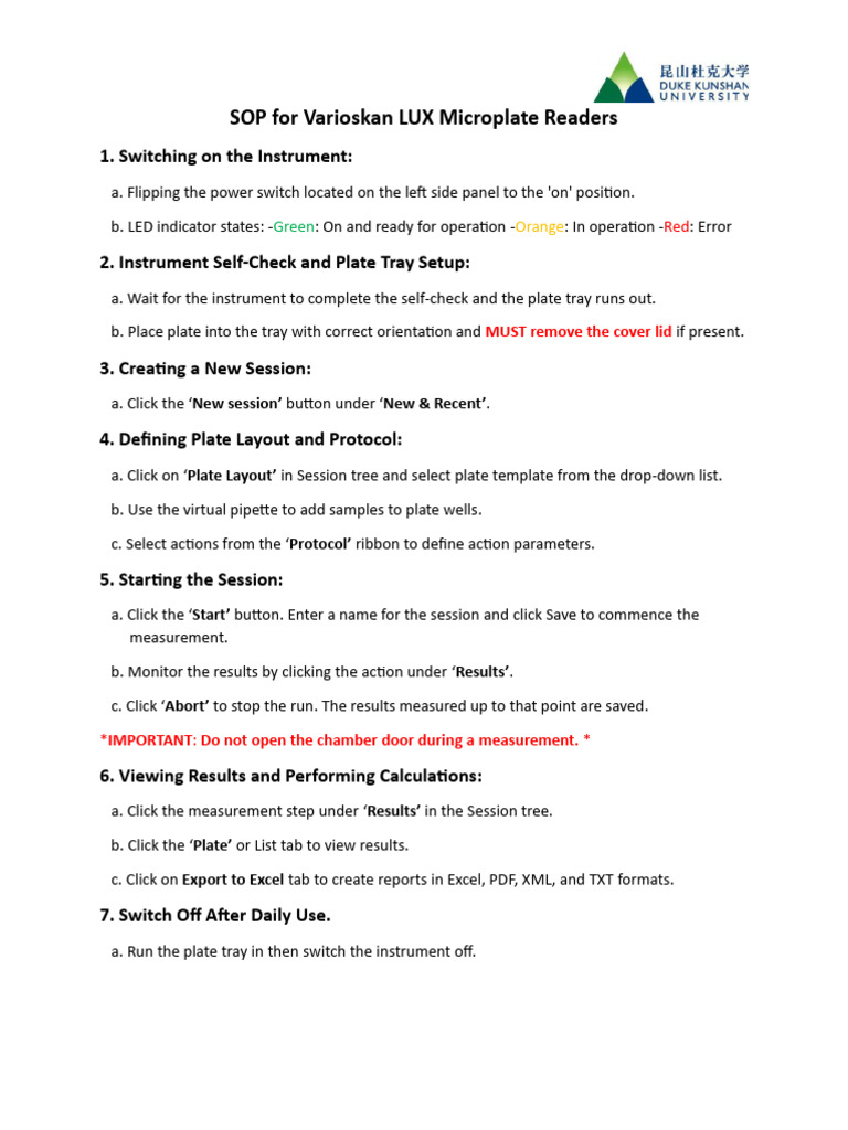 SOP for Varioskan LUX Operation Guide | PDF