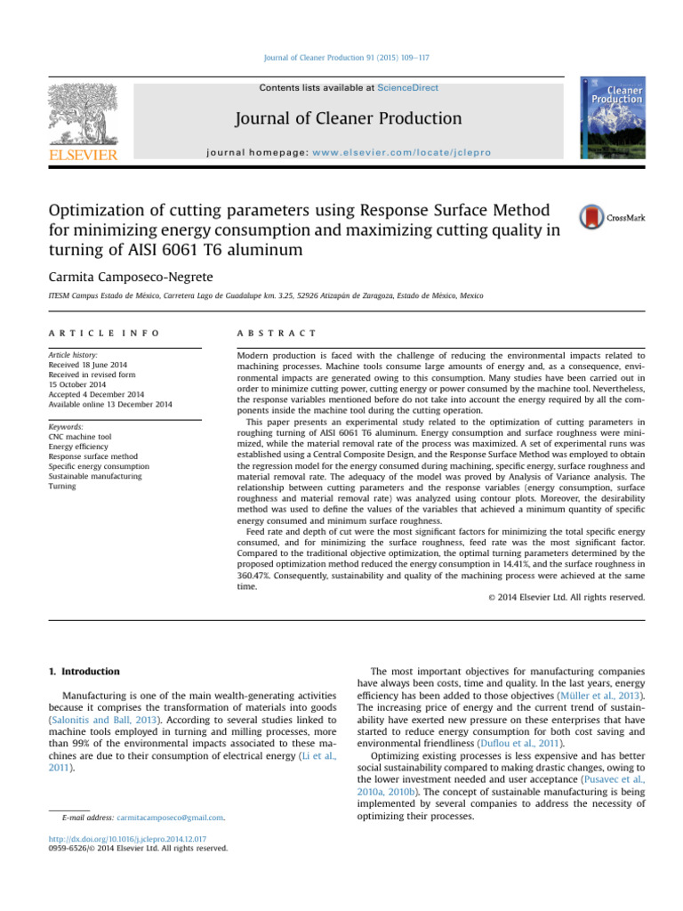 Optimization Of Cutting Parameters Using Response Surface Method For