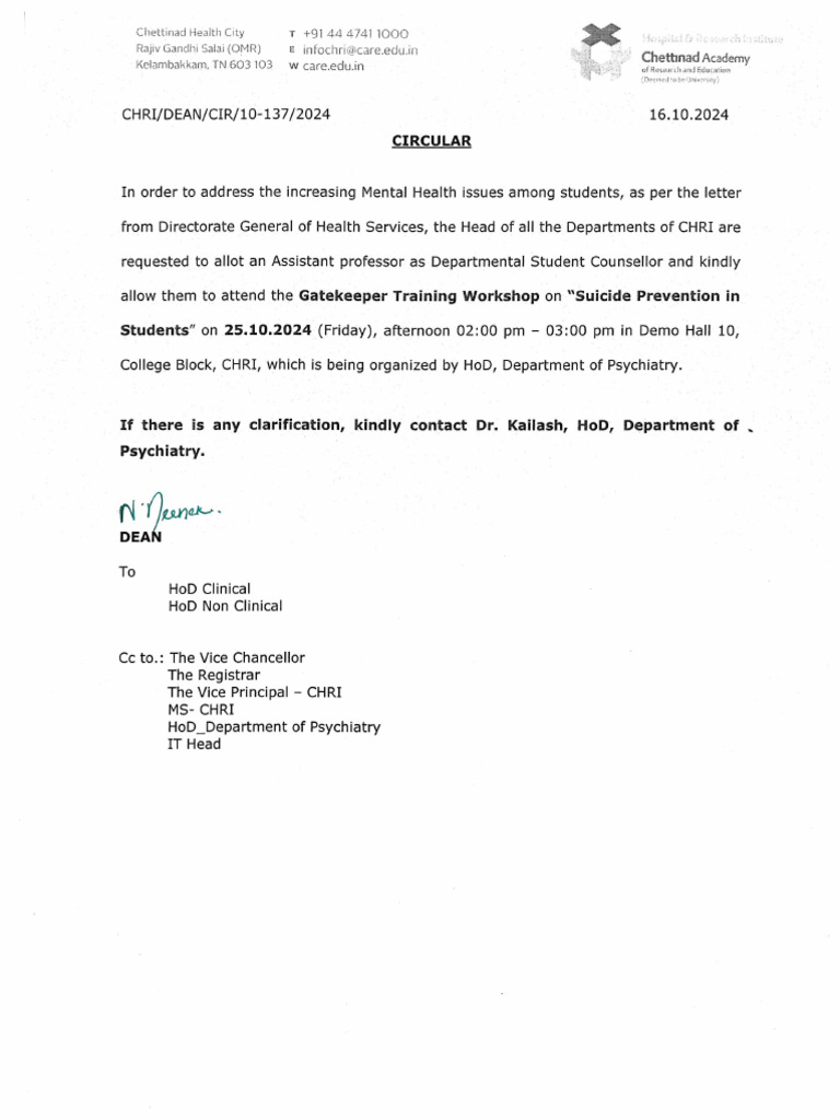 Circular - 10-137 - Gatekeeper Training Workshop | PDF