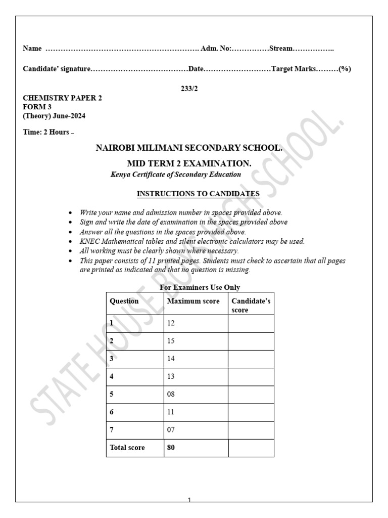 Form 3 Mid Term 2 Exams | PDF | Titration | Chemistry