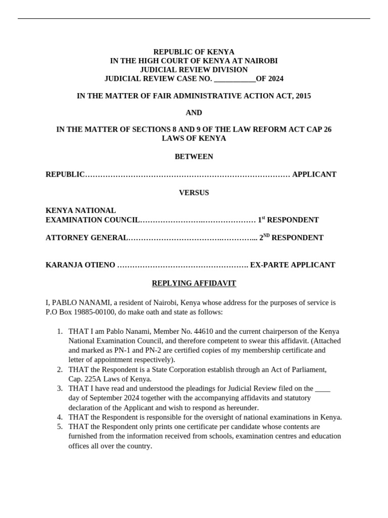 Replying Affidavit by Knec | PDF | Affidavit | Government