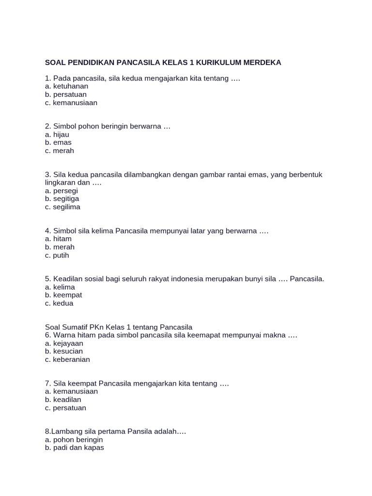 SOAL PENDIDIKAN PANCASILA KELAS 1 KURIKULUM MERDEKA | PDF