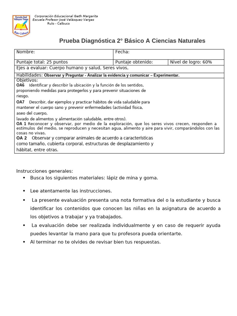 Evaluación Diagnóstica Ciencias 2do | PDF