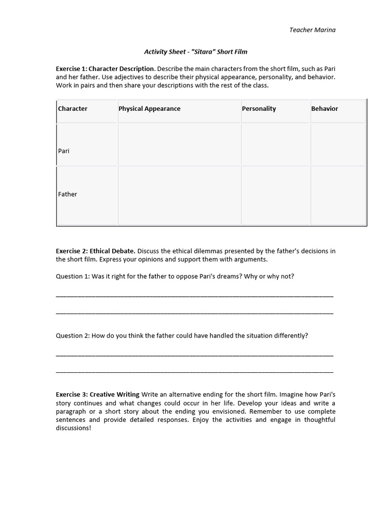 "Sitara" Short Film Activity Sheet | PDF