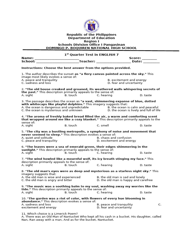 EXAM GRADE 7(Autosaved) | PDF | Poetry | Rhyme