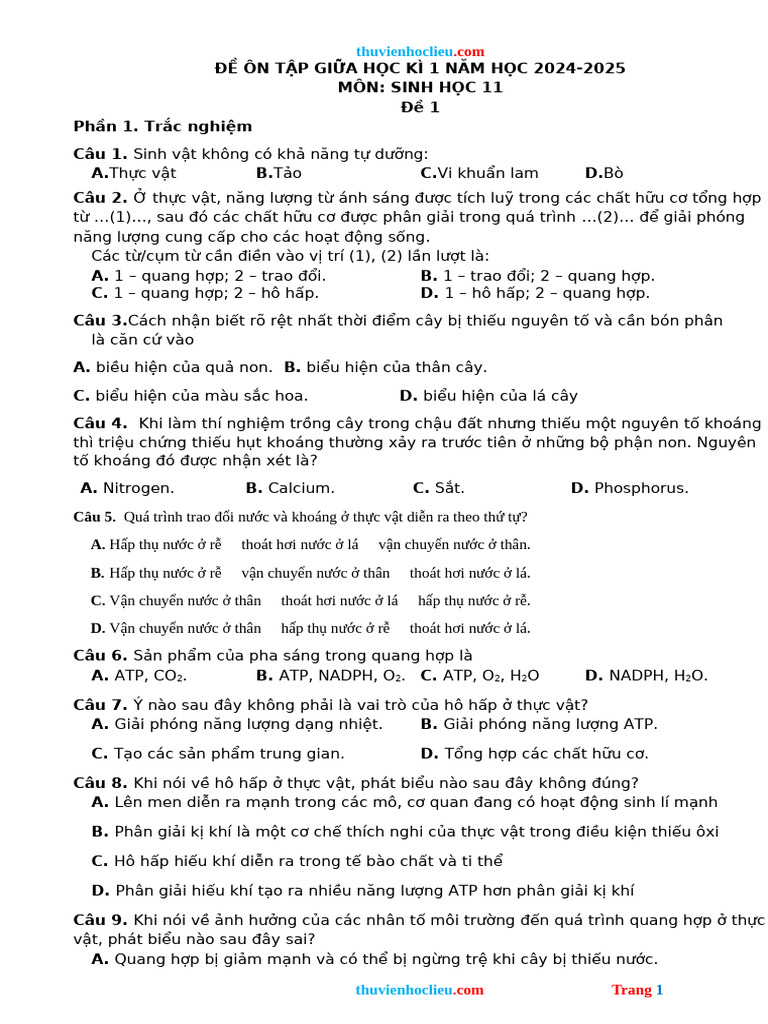 Thuvienhoclieu.com Bo de on Tap Giua HK1 Sinh 11 CTST CTM | PDF