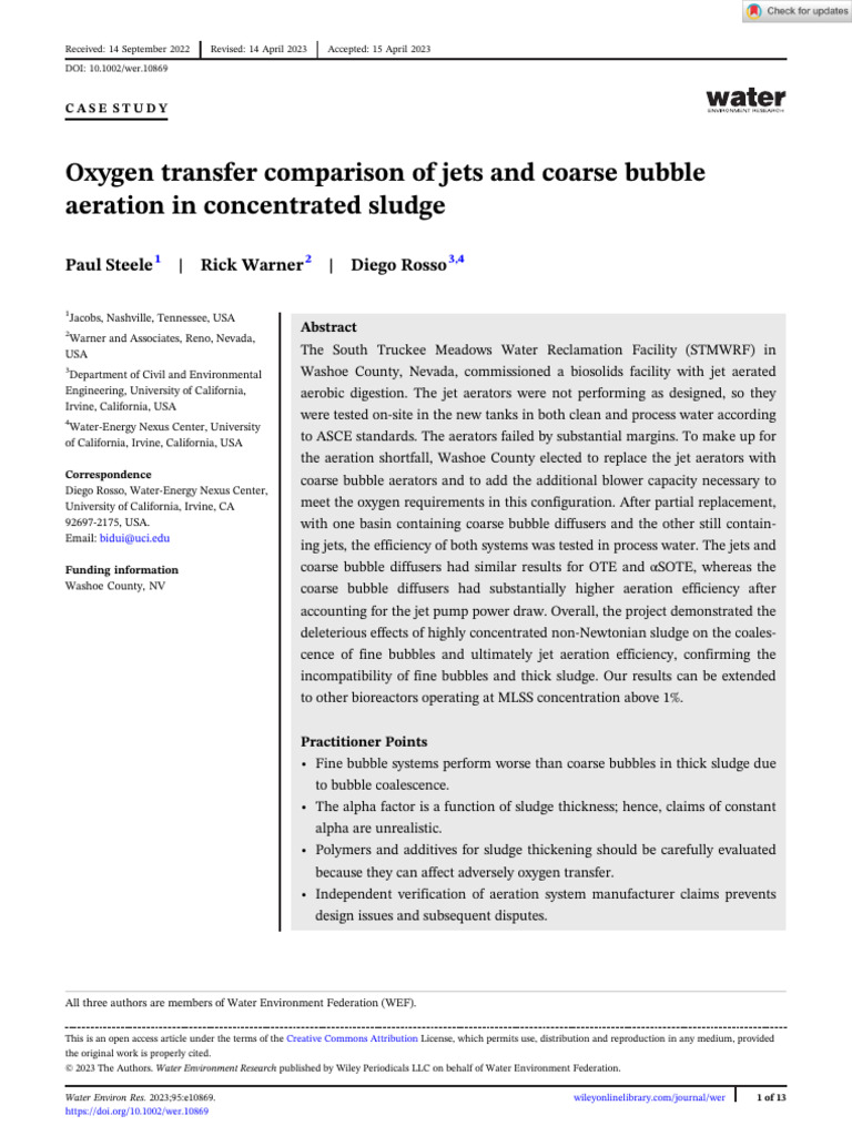 Water Environment Research - 2023 - Steele - Oxygen transfer comparison ...