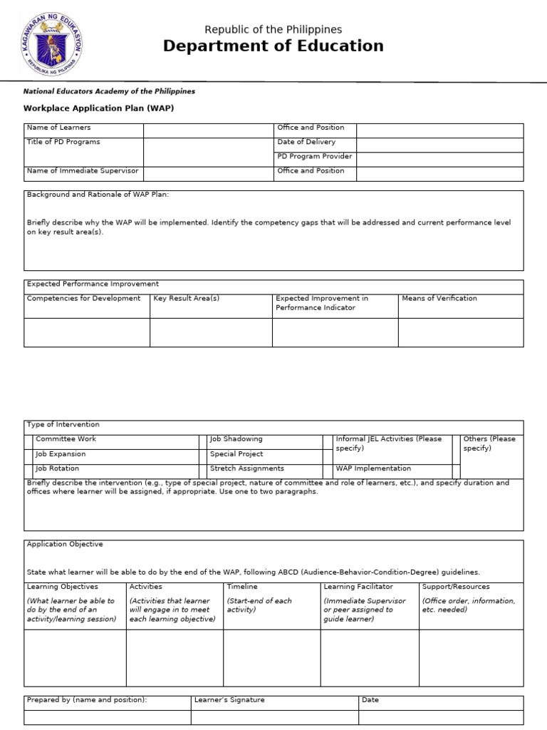 Template - Workplace Application Plan (WAP) | PDF | Learning | Behavior Modification