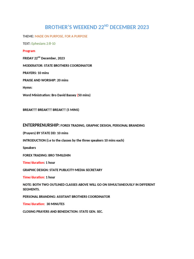 BROTHER Weekend Program | PDF