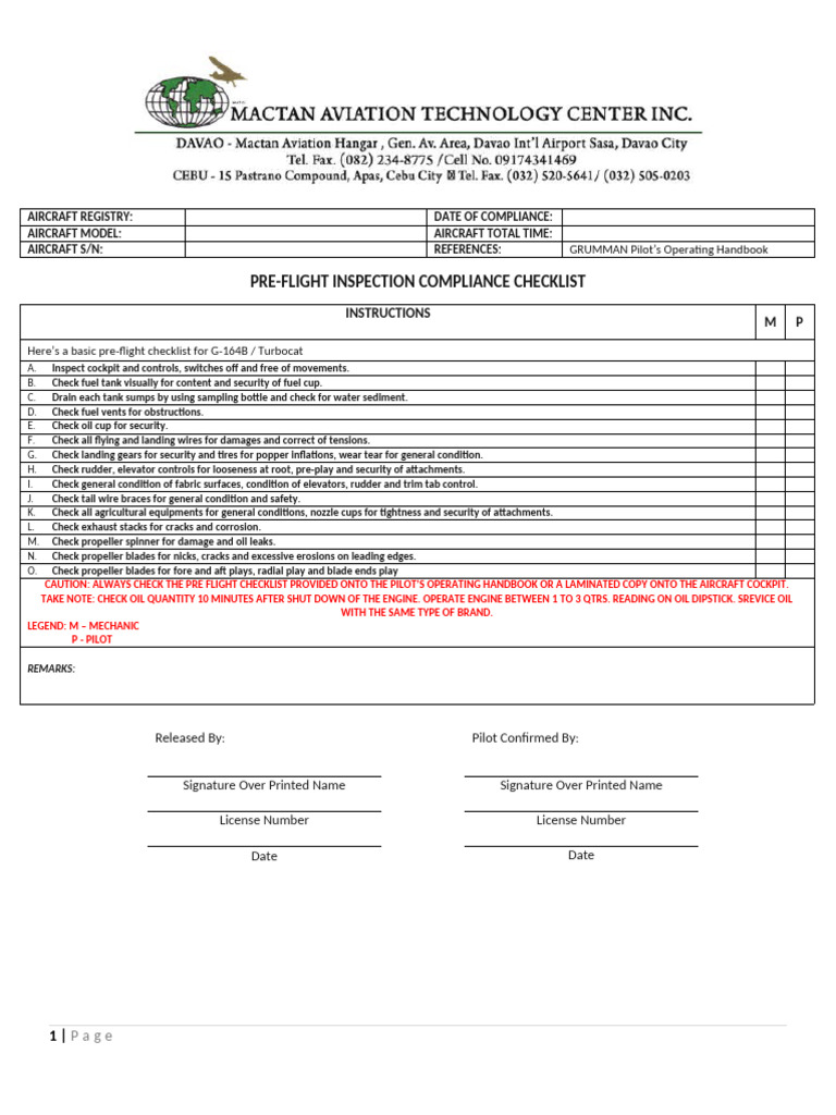 Pre Flight Checklist G 164B | PDF | Aircraft | Aviation