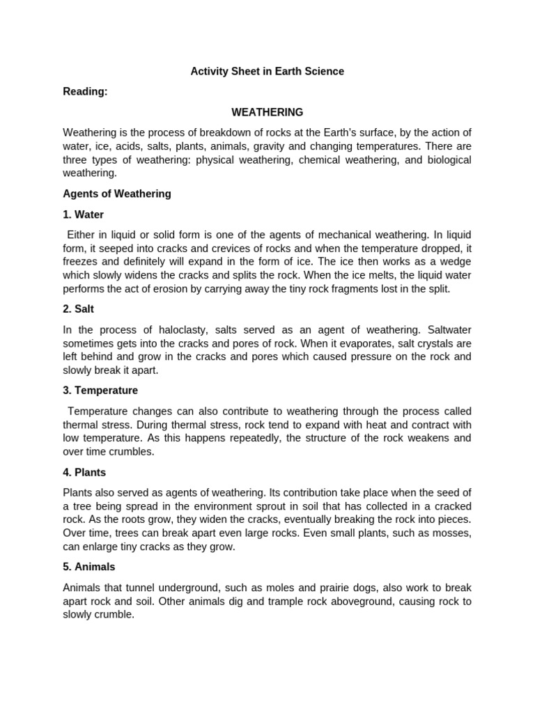 Activity Sheet 1 in Earth Science | PDF | Weathering | Ice