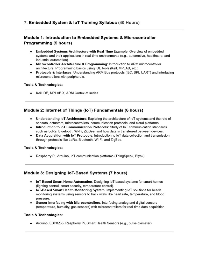 Embedded Systems & IoT Training Syllabus | PDF | Internet Of Things | Wireless Sensor Network