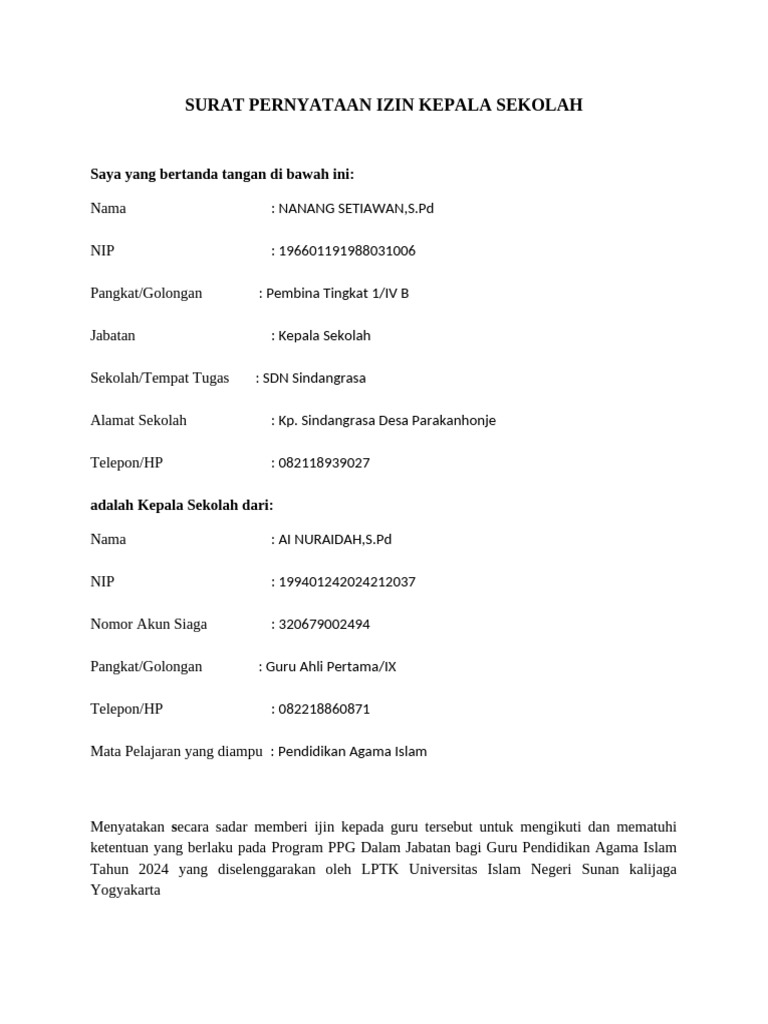 Surat Izin PPG Ai Nuraidah | PDF