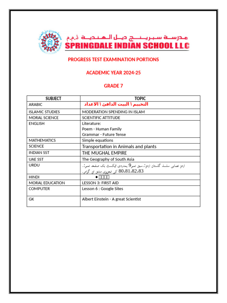 Grade 7 Progress Test Examination Portions | PDF