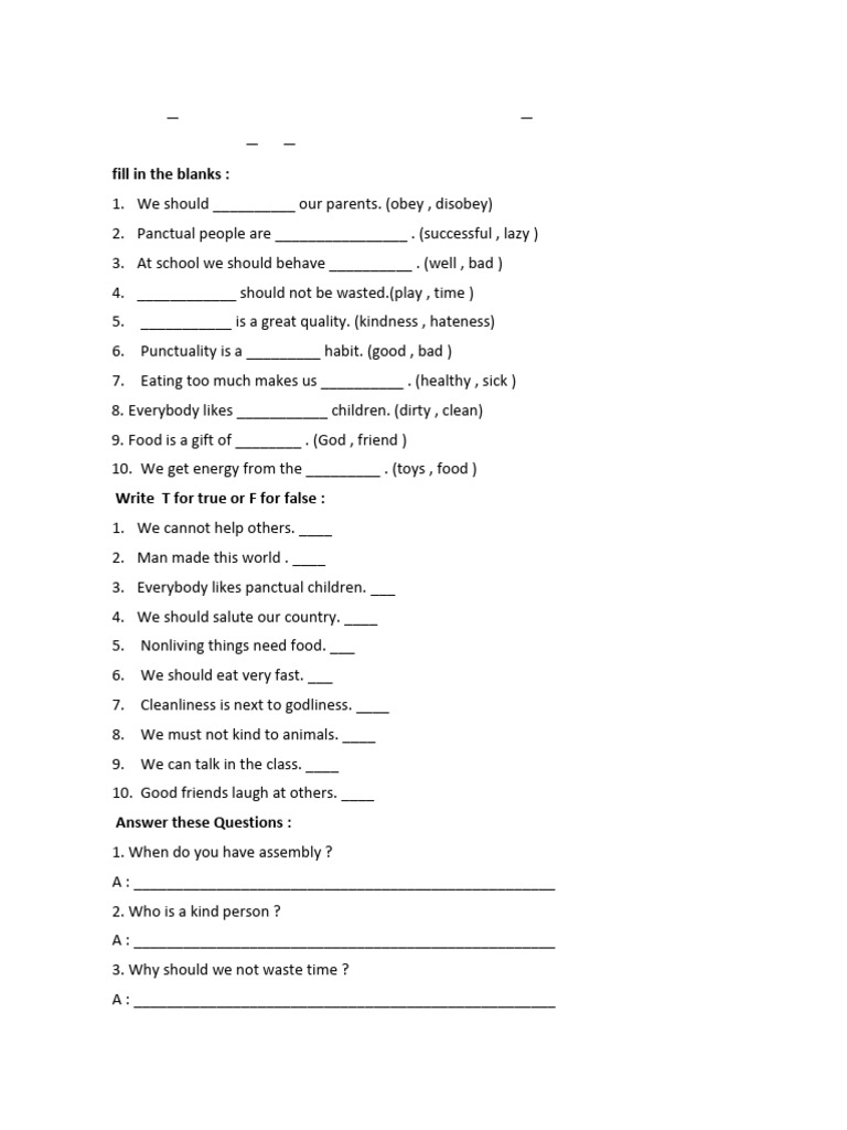 CBSE Class 2 Moral Science Practice Worksheet | PDF