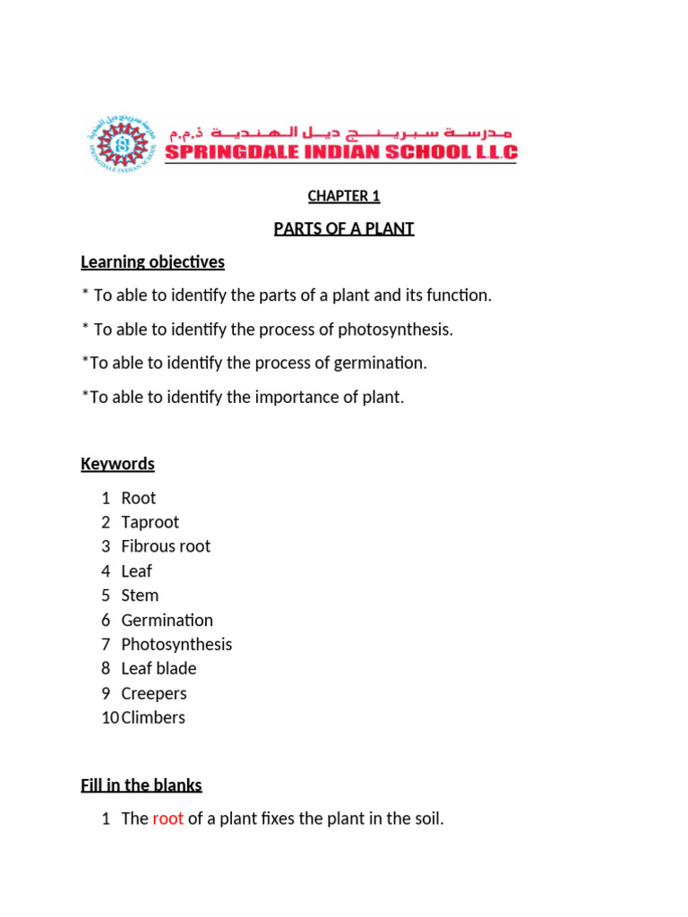 Evs Notes-Chapter - 1 Parts of A Plant | PDF | Plants | Leaf