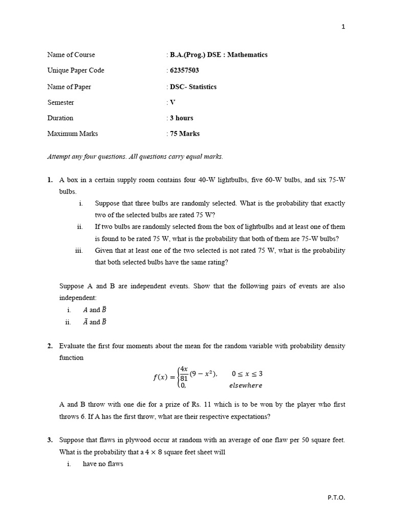 B.A Prog - Dse - Mathematics - Statistics | PDF | Probability Density ...