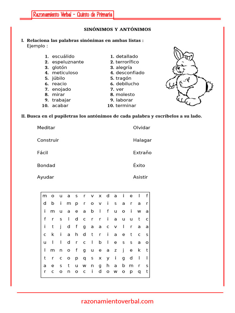 26 Ejercicios de Sinonimos y Antonimos Quinto de Primaria | PDF