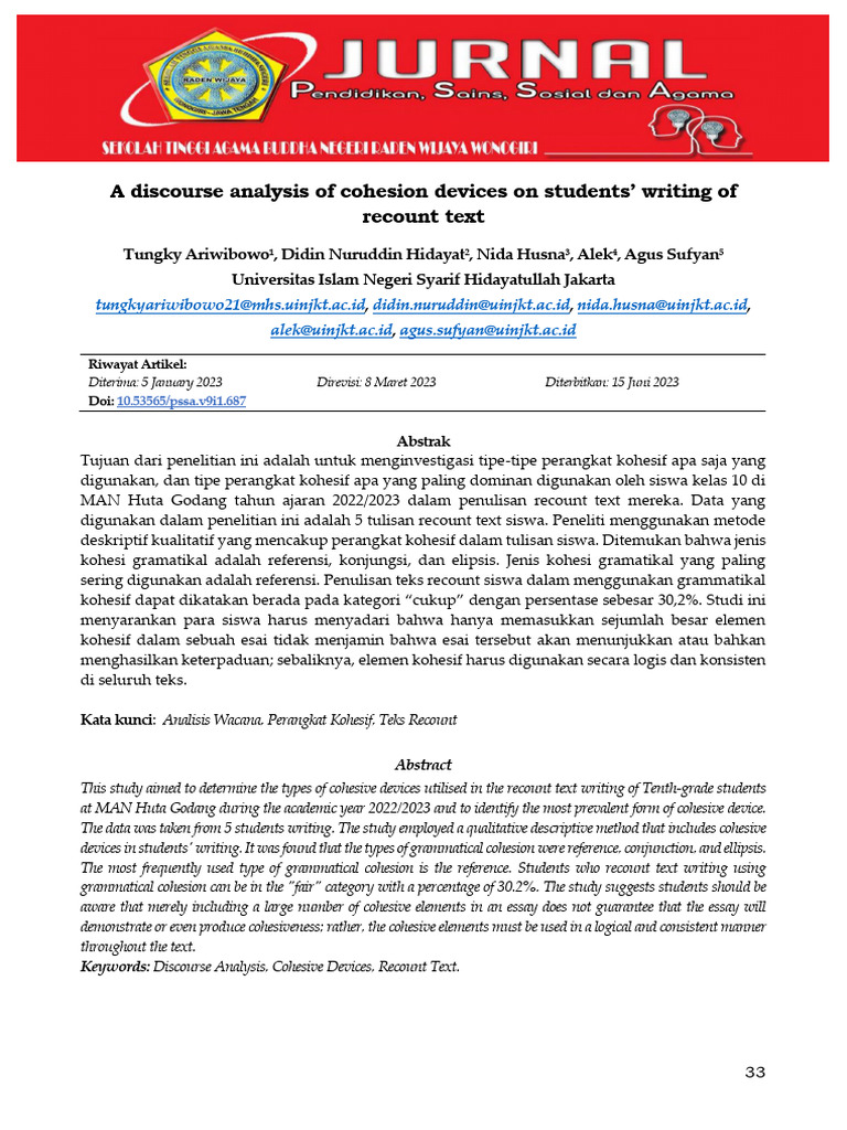 A Discourse Analysis of Cohesion Devices On Students' Writing of Recount Text | PDF | Ellipsis ...