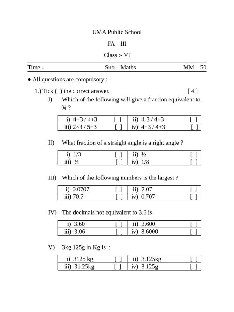 CLASS VI , MATHS | PDF | Arithmetic | Division (Mathematics)
