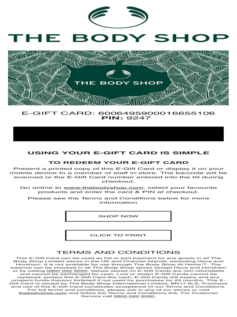 The Body Shop E-Gift Card Instructions | PDF