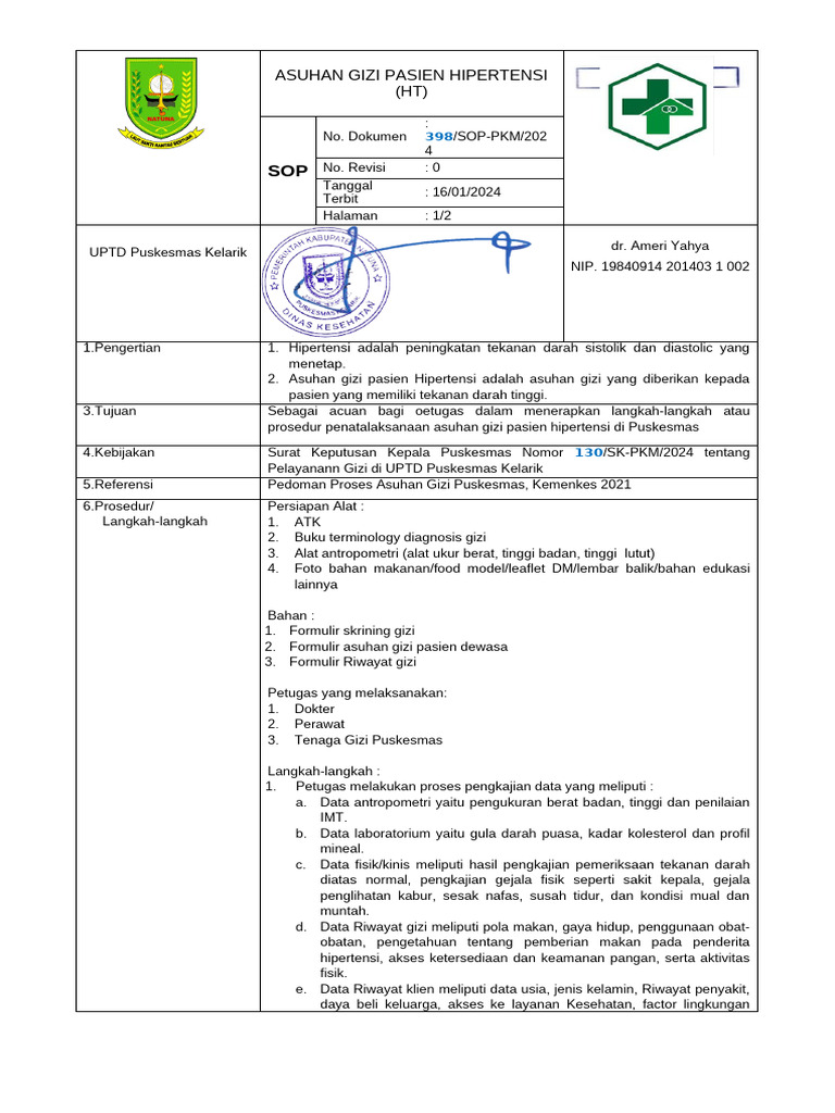 SOP Asuhan Gizi Pasien HT | PDF