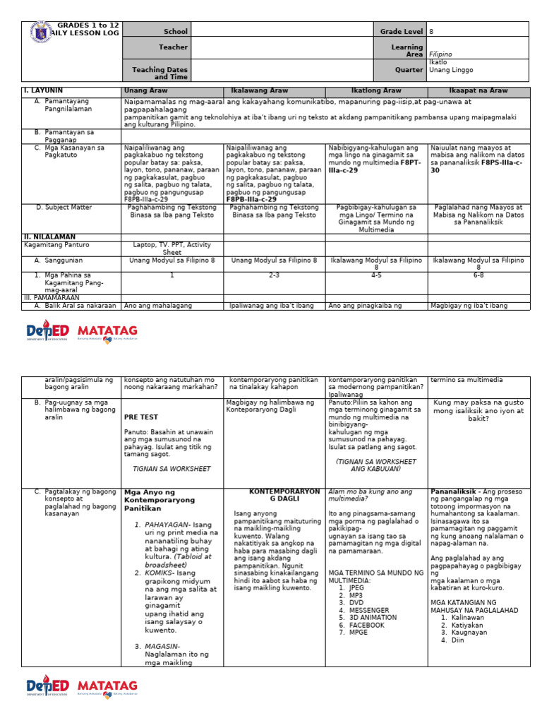 Filipino8 DLL Q3 W1 FINAL | PDF