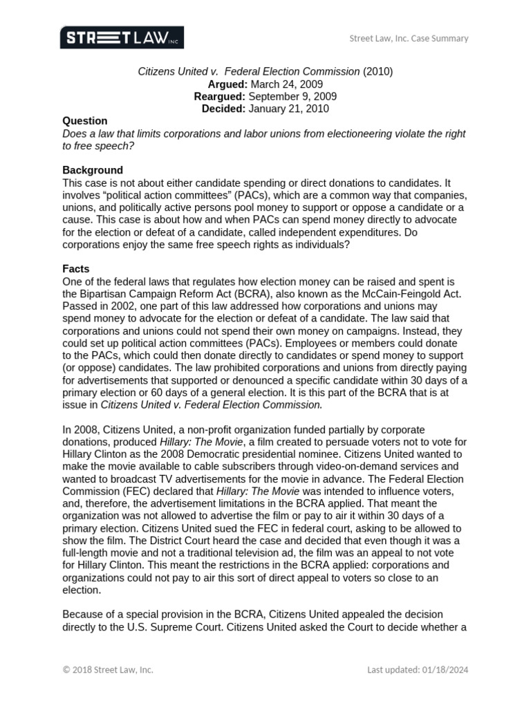 Citizens United v FEC | PDF | Citizens United V. Fec | Political Action ...