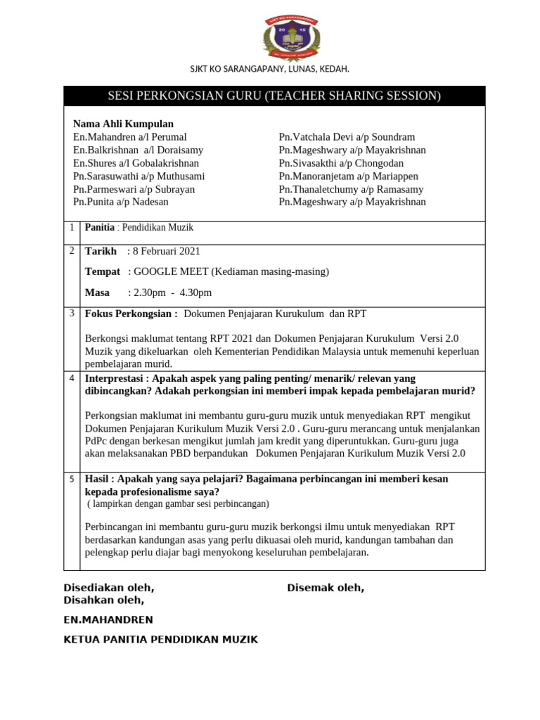 Contoh Laporan PLC Teacher Sharing Session 1 | PDF