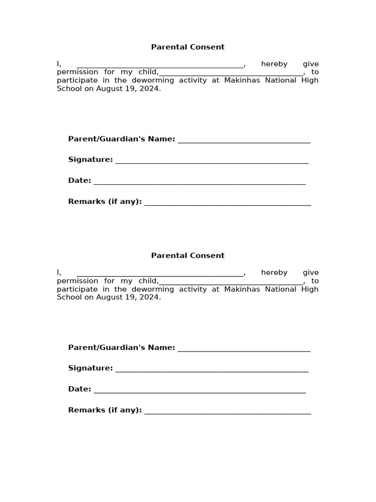 Parental Consent for Deworming | PDF