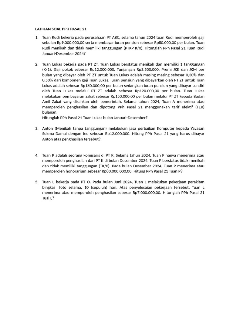 Latihan Soal Pph Pasal 21-1 | PDF