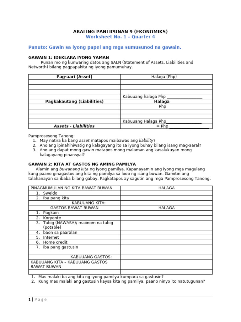 Worksheet No. 1 Q4 AP9 | PDF