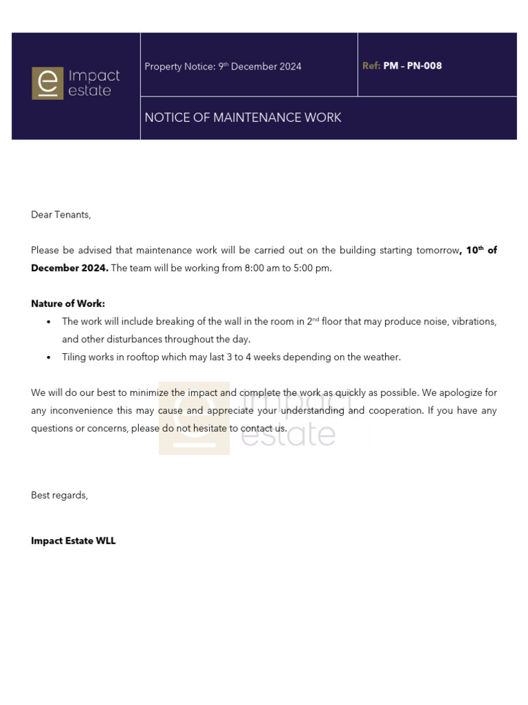 Notice of Upcoming Maintenance Work | PDF