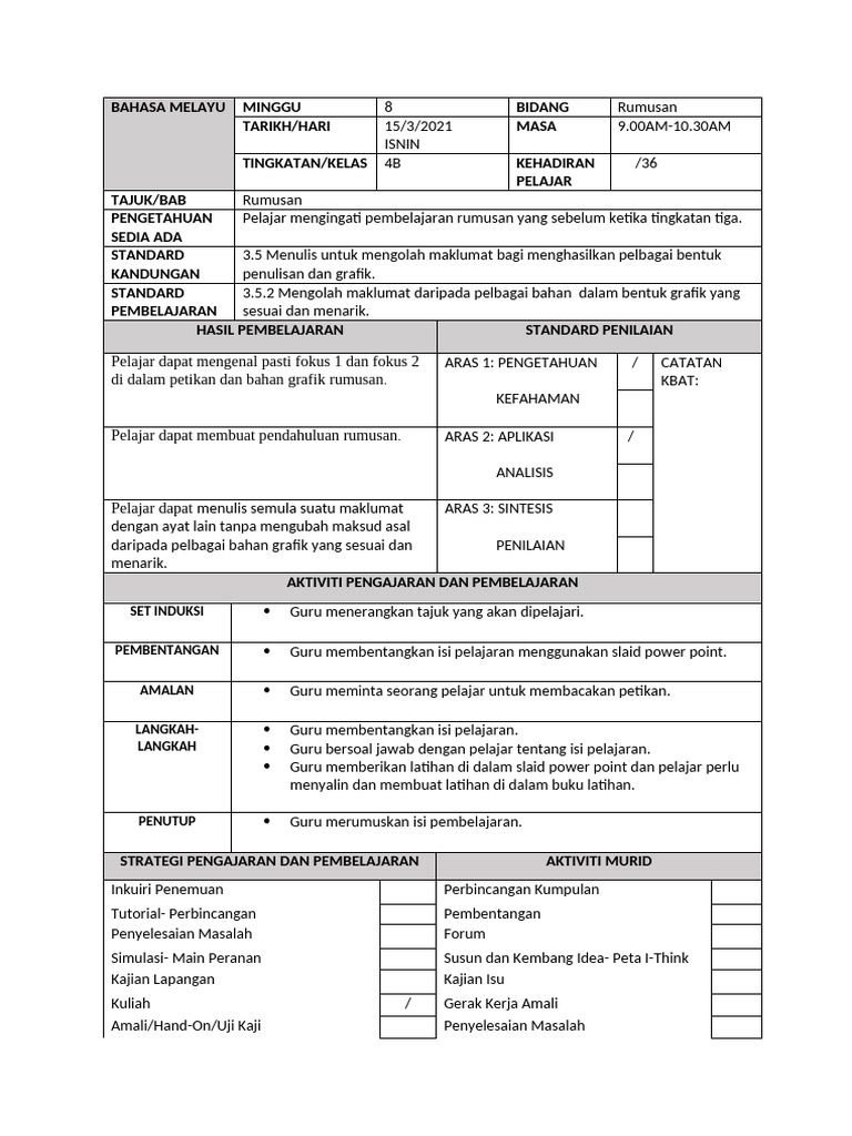 RPH BM Tingkatan 4 | PDF