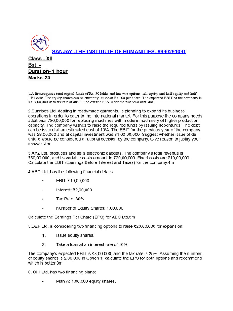 Sanjay - The Institute of Humanities-9990291091: Class - XLL BST - Duration - 1 Hour Marks-23 | PDF