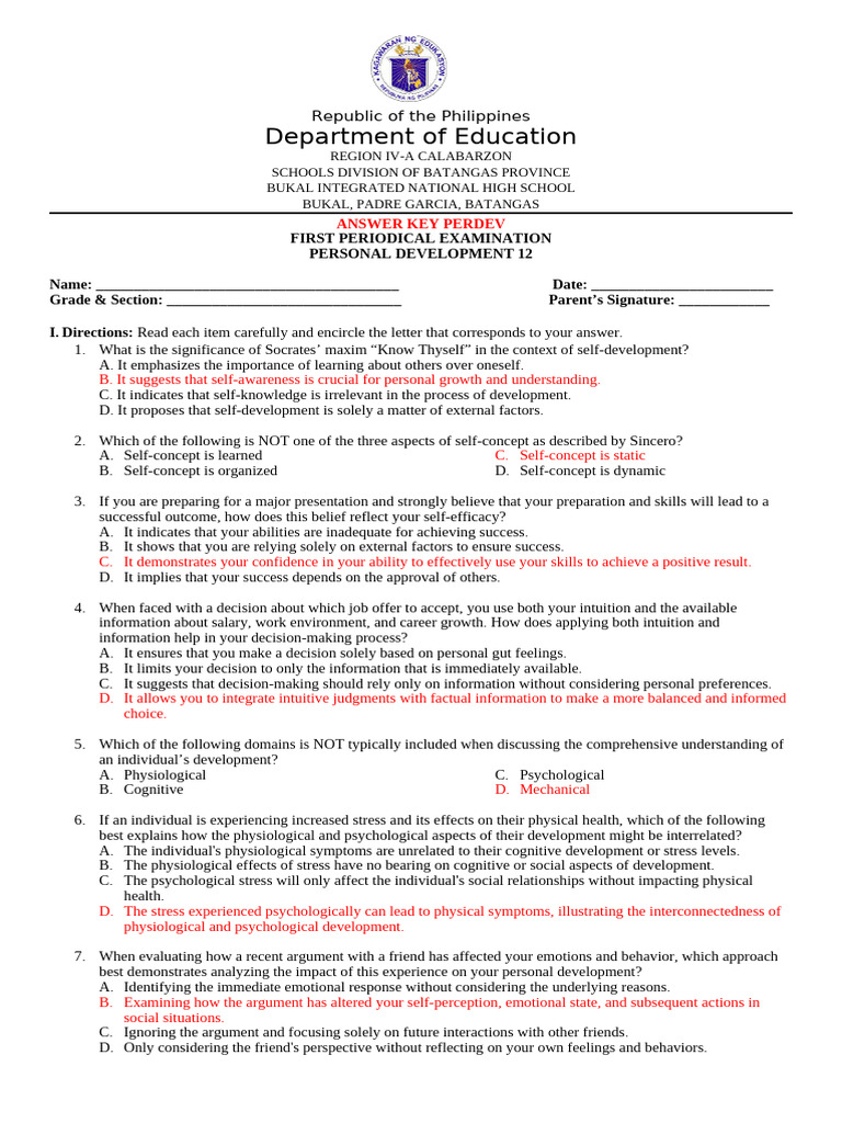 FIRST PERIODICAL EXAM PERDEV KEY | PDF | Emotions | Stress (Biology)