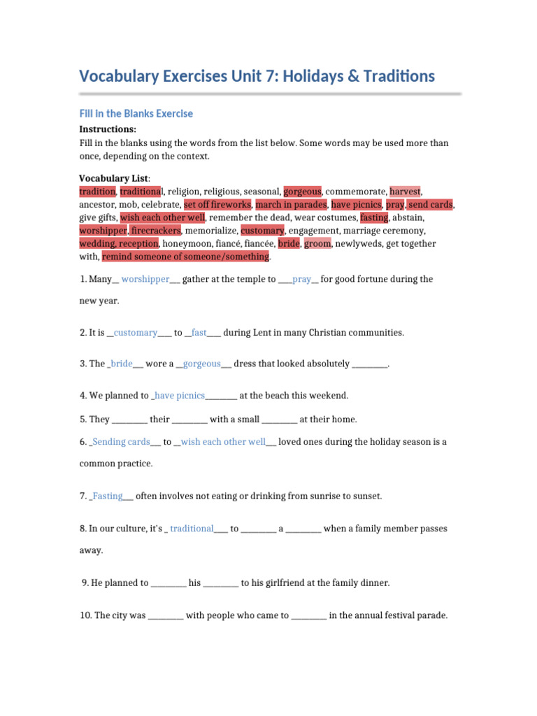 Vocabulary Exercises: Holidays & Traditions | PDF | Wedding | Engagement