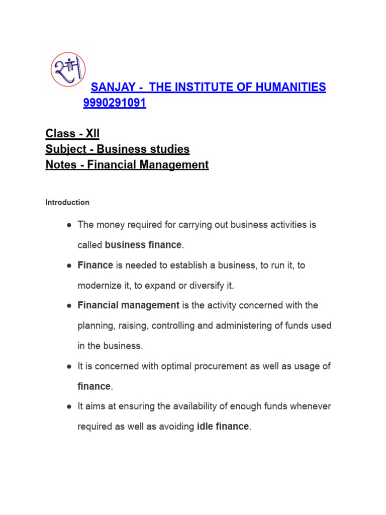 Financial Management Notes Class12 | PDF | Dividend | Capital Structure