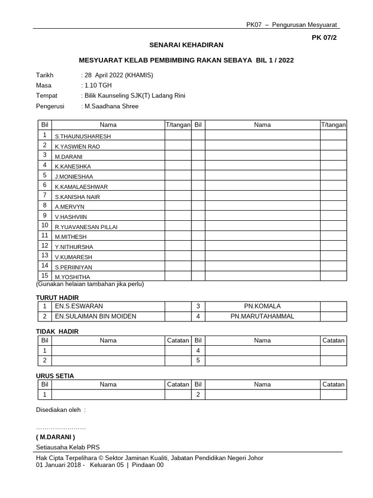 Senarai Kehadiran Mesyuarat PRS 1 2022 | PDF