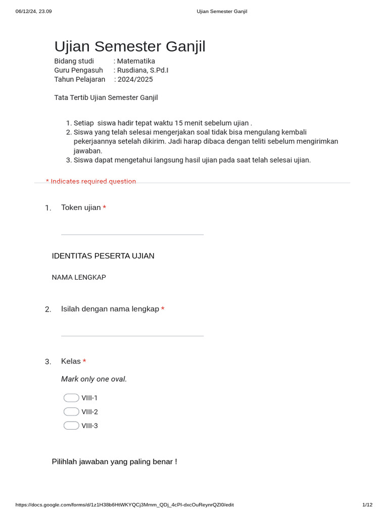Ujian Semester Ganjil Kls 8 Matematika 2024-2025 - Google Forms | PDF